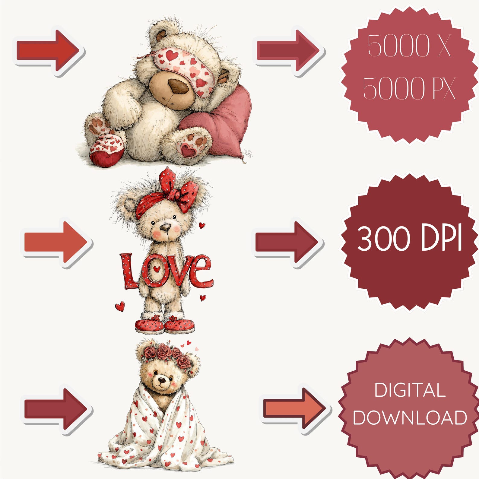 Teddy Bear Valentine PNG Clipart – Cute Quirky Bears, 29 PNG, Instant ...