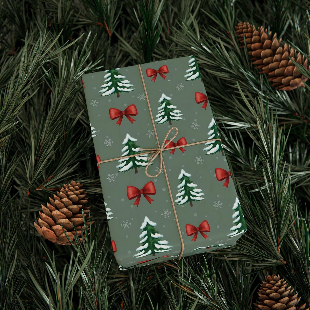 Green Holly Sprigs With Red Bows Wrapping Paper | Christmas Holiday ...