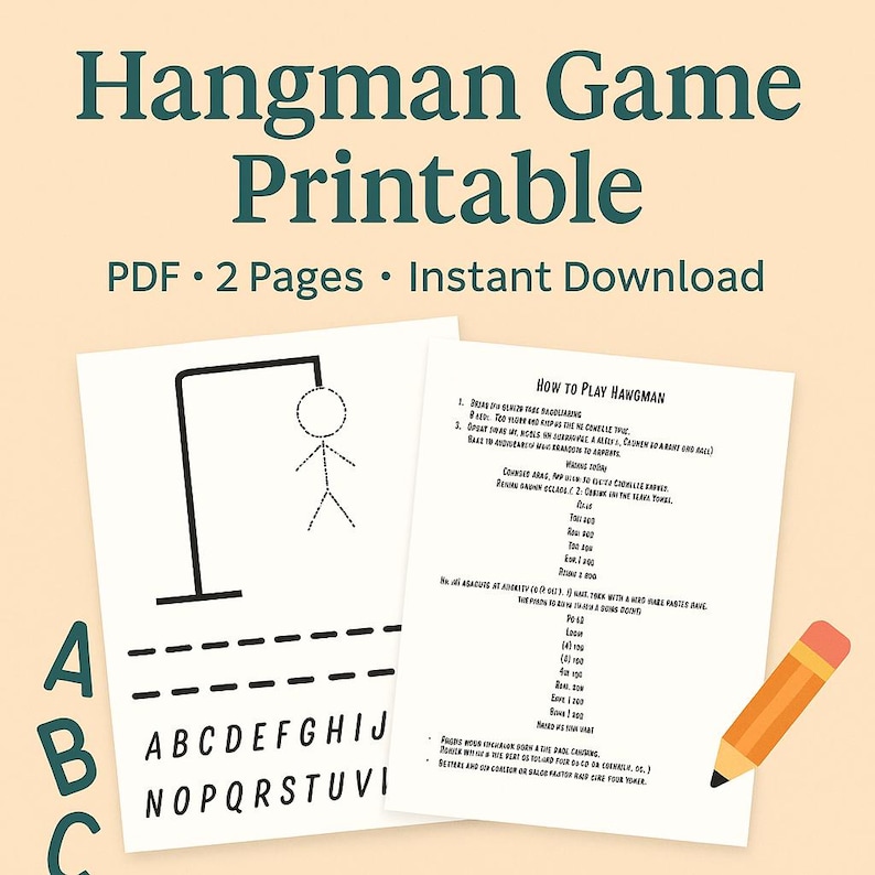 Hangman Game Printable for Kids & Adults | Alphabet Word Guessing Game PDF | Educational ...