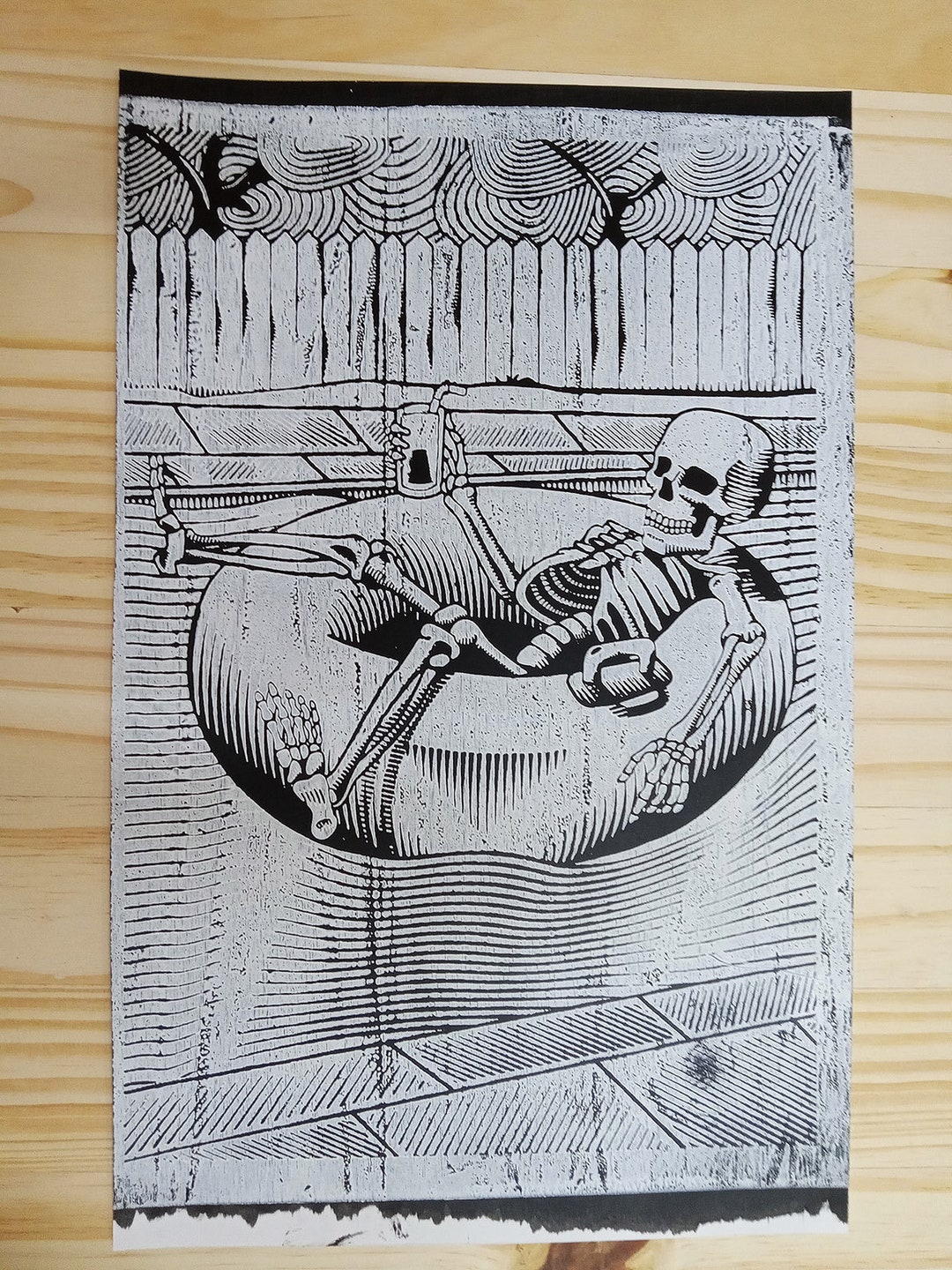 Skeleton in a Raft Wood Block Print - Etsy