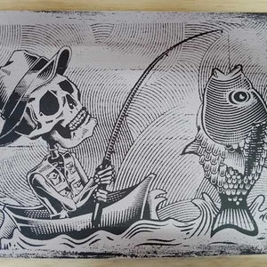 Skeleton in a Raft Wood Block Print - Etsy