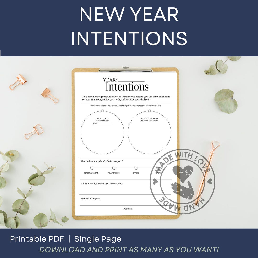 New Year Intentions Printable | Single Page Worksheet | Minimal Goal ...