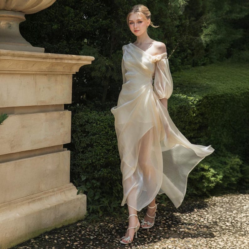 Romantic One Shoulder Organza Dress – Elegant Puff Sleeve Evening Gown ...