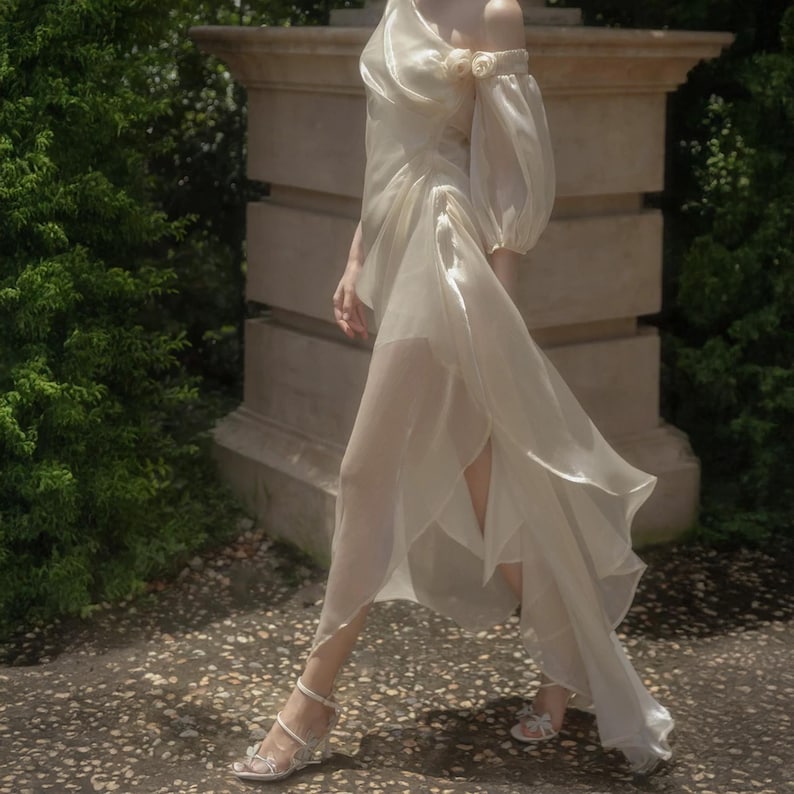 Romantic One Shoulder Organza Dress – Elegant Puff Sleeve Evening Gown ...