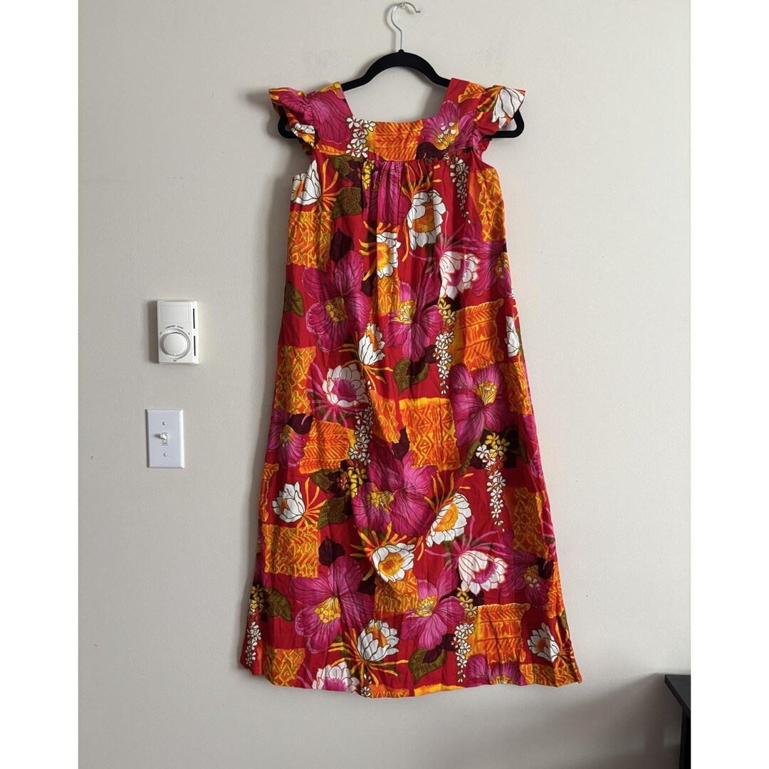 Hookano Hawiian Dress Mid Century Vintage 60s 70s Medium Floral Pink ...