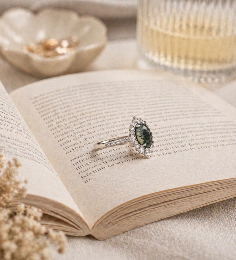 Moss Agate Engagement Ring, Oval Green Gemstone Sterling Silver Ring ...