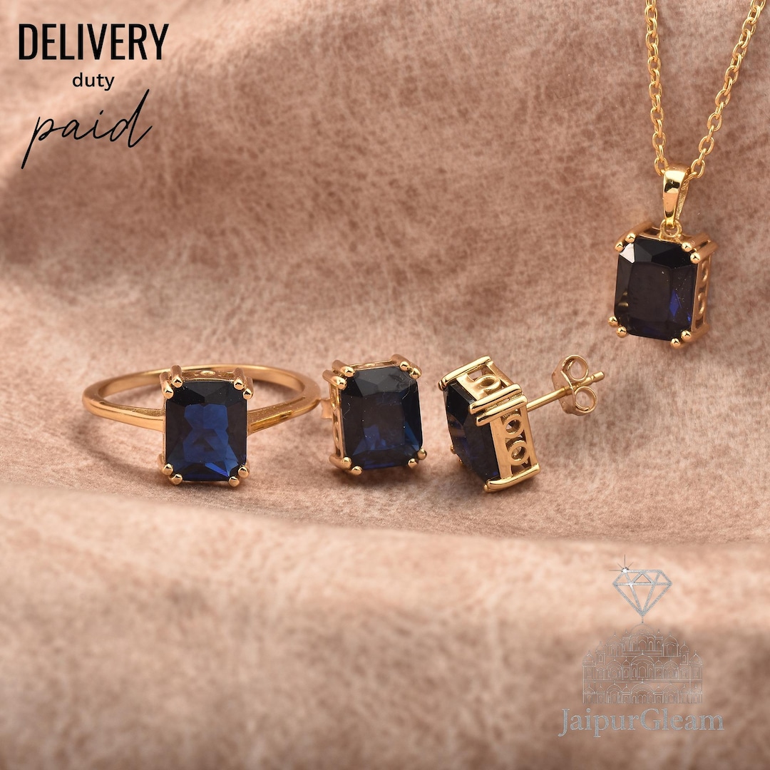 Synthetic Sapphire Jewelry Set in 14K Gold Finish – Blue Sapphire Ring ...
