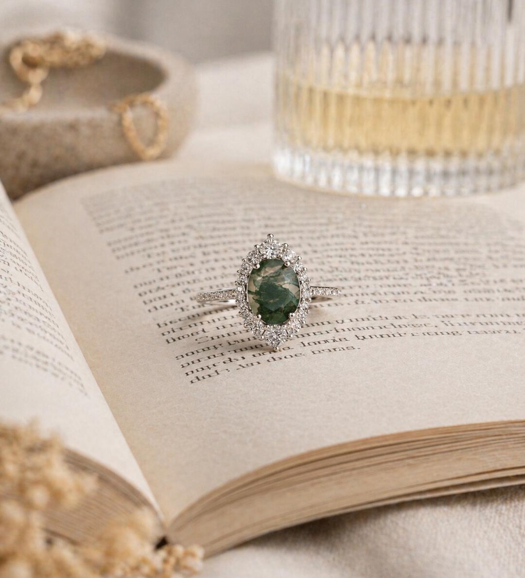Moss Agate Engagement Ring, Oval Green Gemstone Sterling Silver Ring ...