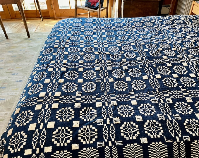 Antique Jacquard Coverlet, Hand Woven Indigo Blue & White Wool Overshot ...