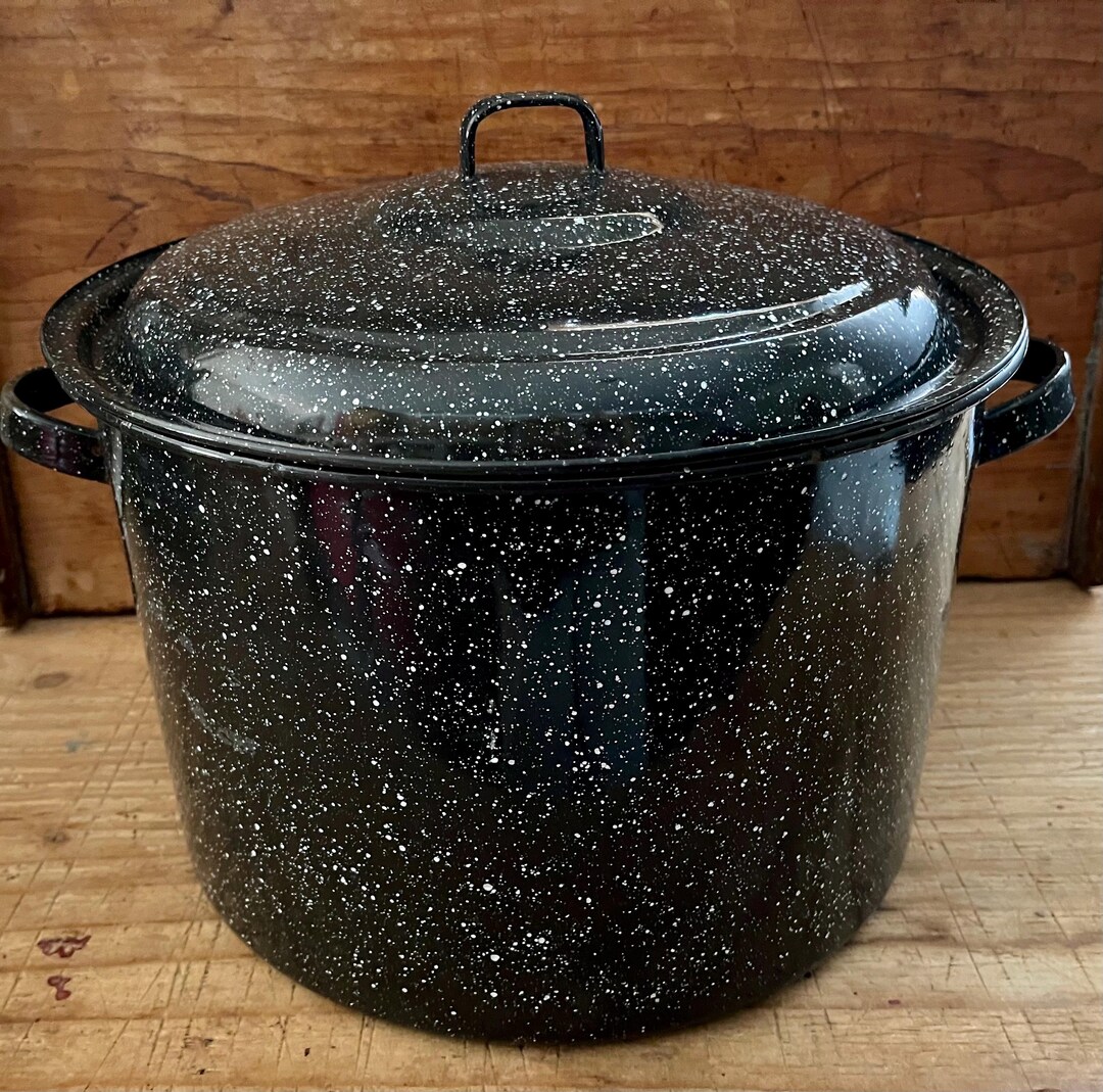 Vintage Black Speckled Enamelware Stockpot With Lid: Farmhouse Kitchen ...