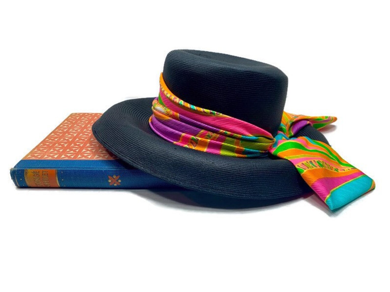 Black Straw Fedora With Colorful Silk Band Vintage Designer | Etsy