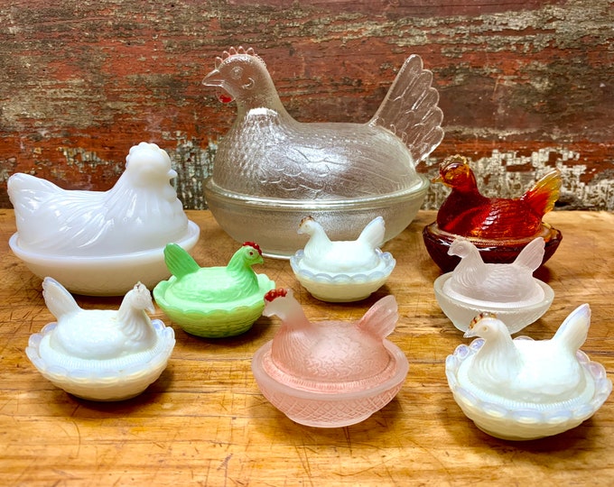 Glass Hen Instant Collection, Set of 9 Vintage Chicken on a Nest ...