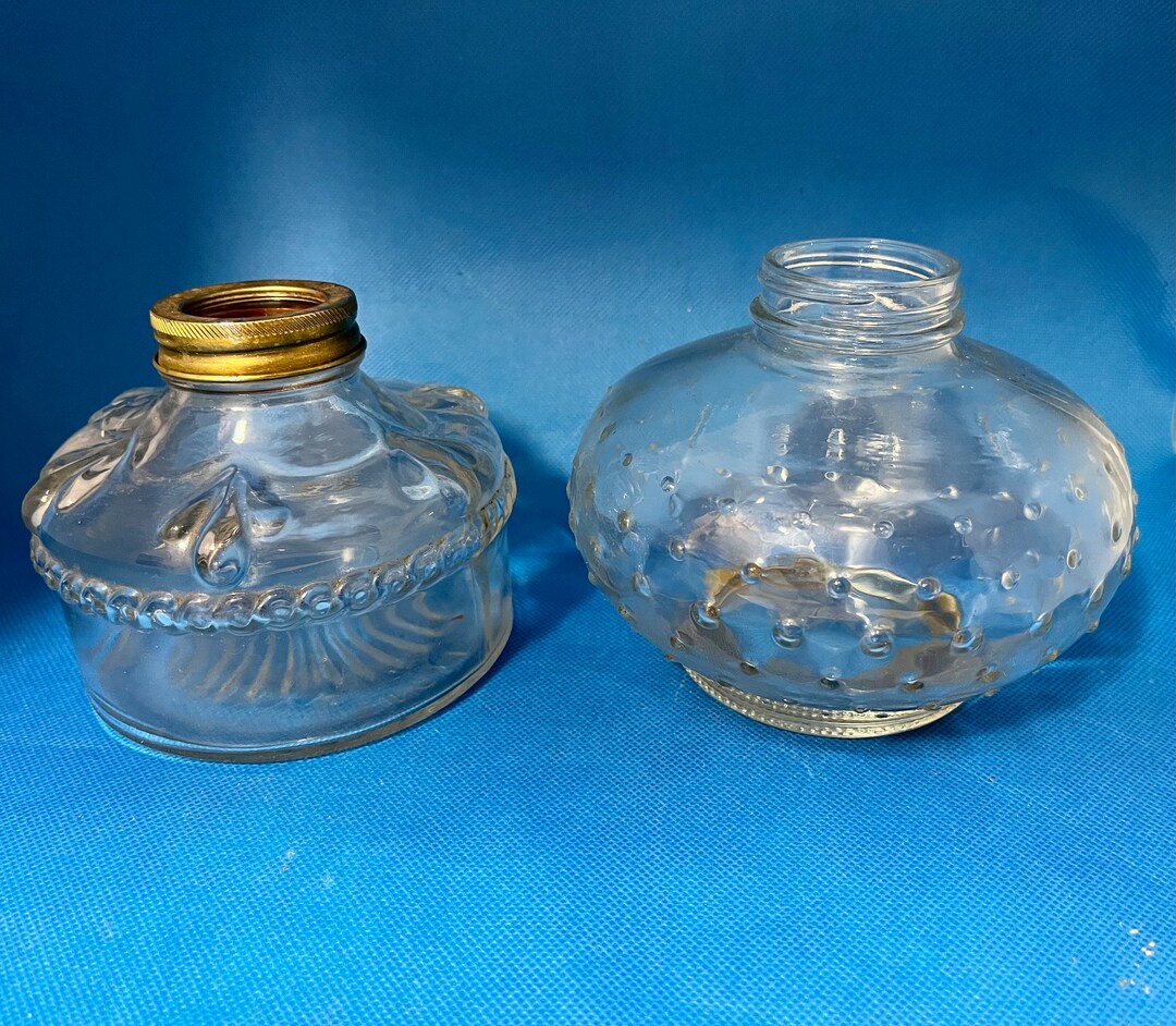 Glass Oil Lamp Bases, Set of Two Vintage Pressed Clear Glass Kerosene ...