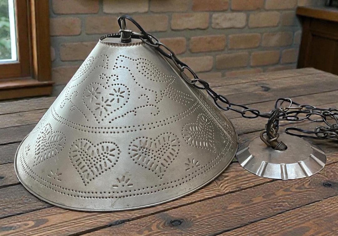 Vintage Punched Tin Pendant Lamp: Birds and Hearts, Farmhouse Lighting ...