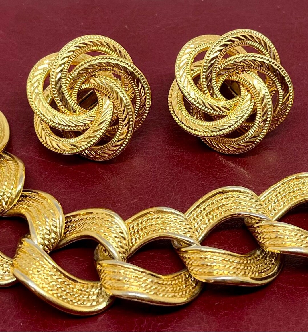 Napier Gold Plated Chain Link Bracelet and Earrings, Vintage 1950s Pat ...