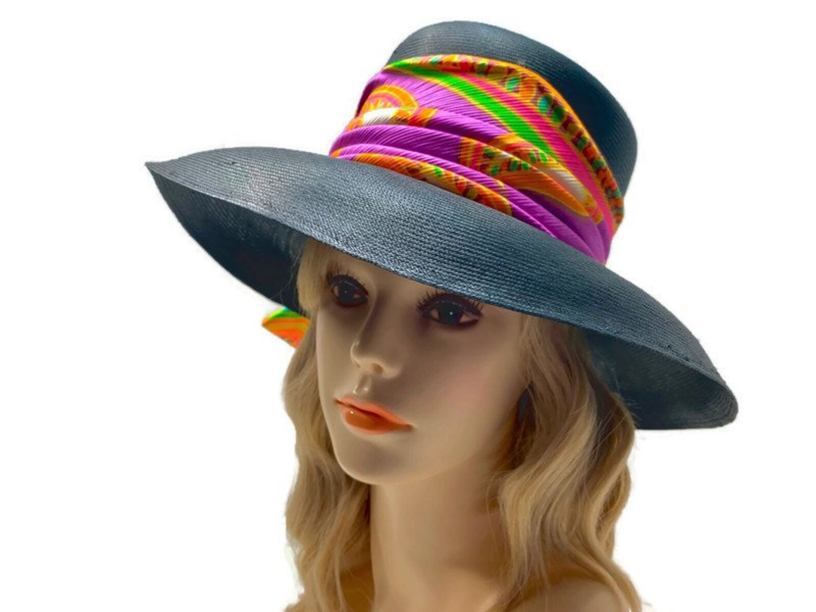 Black Straw Fedora With Colorful Silk Band Vintage Designer | Etsy