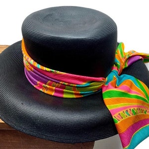 Black Straw Fedora With Colorful Silk Band Vintage Designer | Etsy