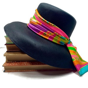 Black Straw Fedora With Colorful Silk Band Vintage Designer | Etsy