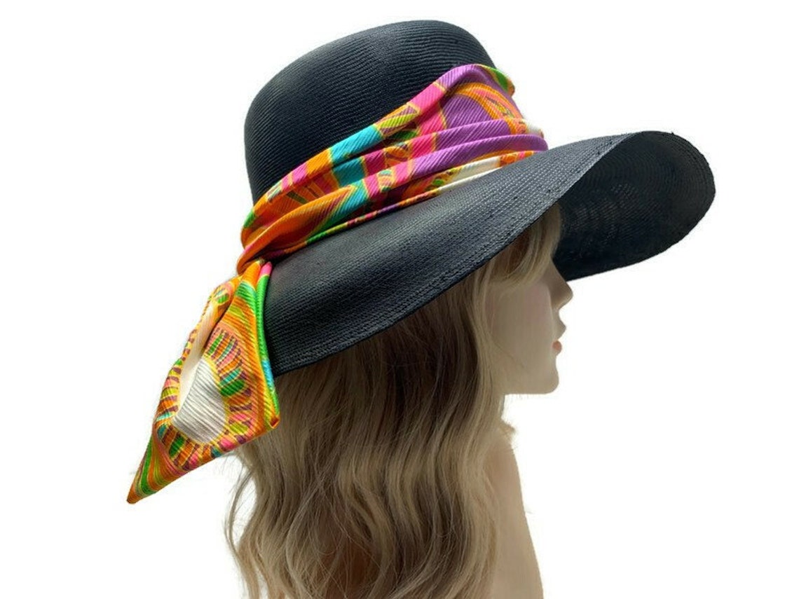 Black Straw Fedora With Colorful Silk Band Vintage Designer | Etsy