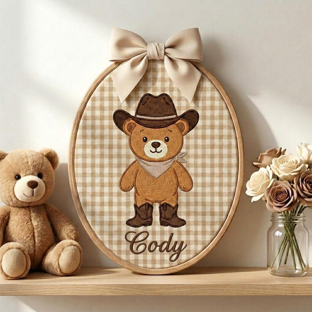 Personalized Baby Name Sign, Embroidered Cowboy Teddy Nursery Decor ...
