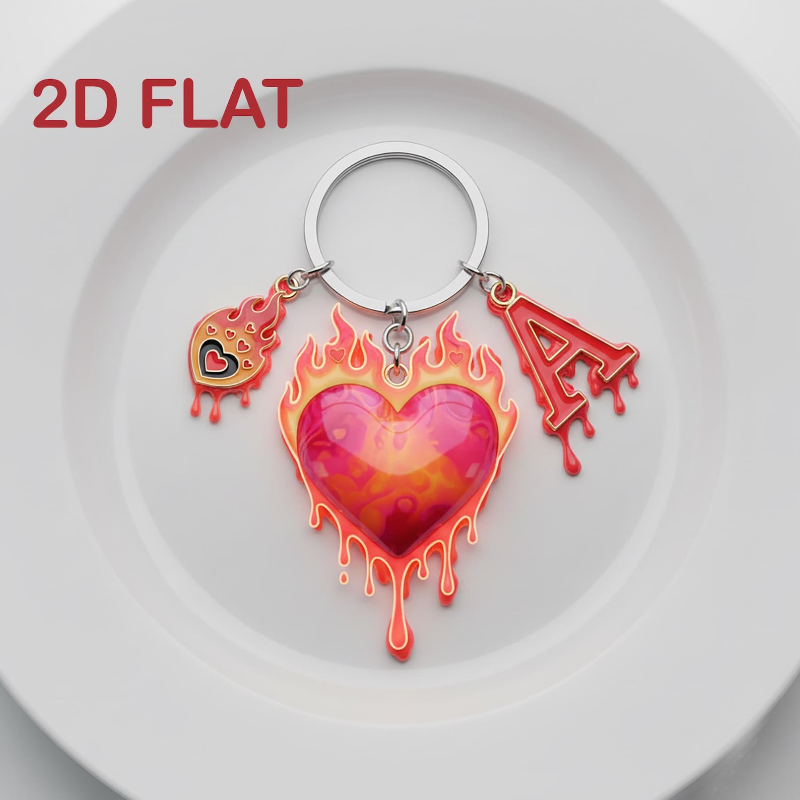 Burning Heart Keychain Dripping Flames Custom Initial Letter for ...