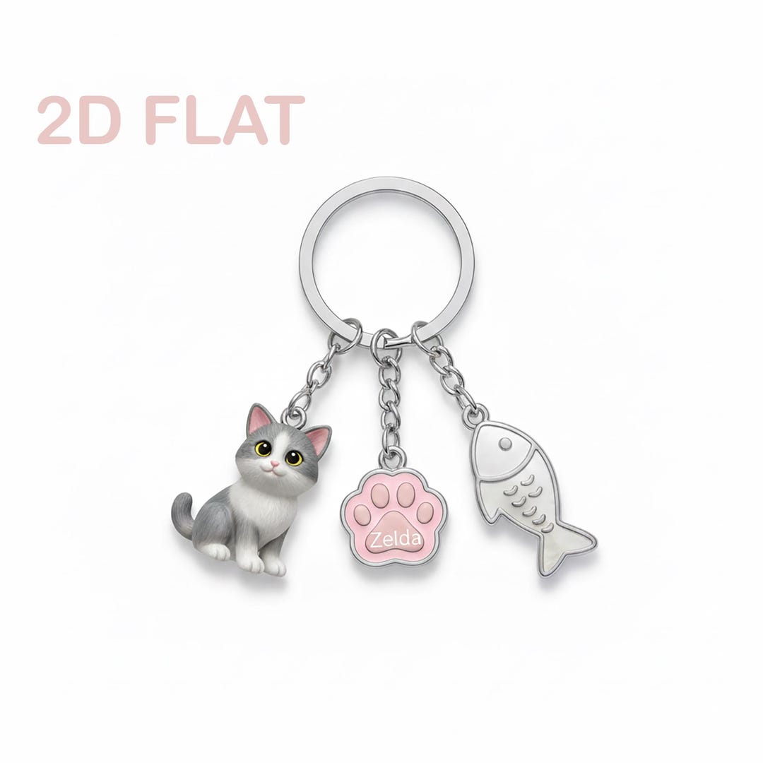 Personalized Cat Keychain Kitten Paw Print Fish Charm Pet Lover Keyring ...