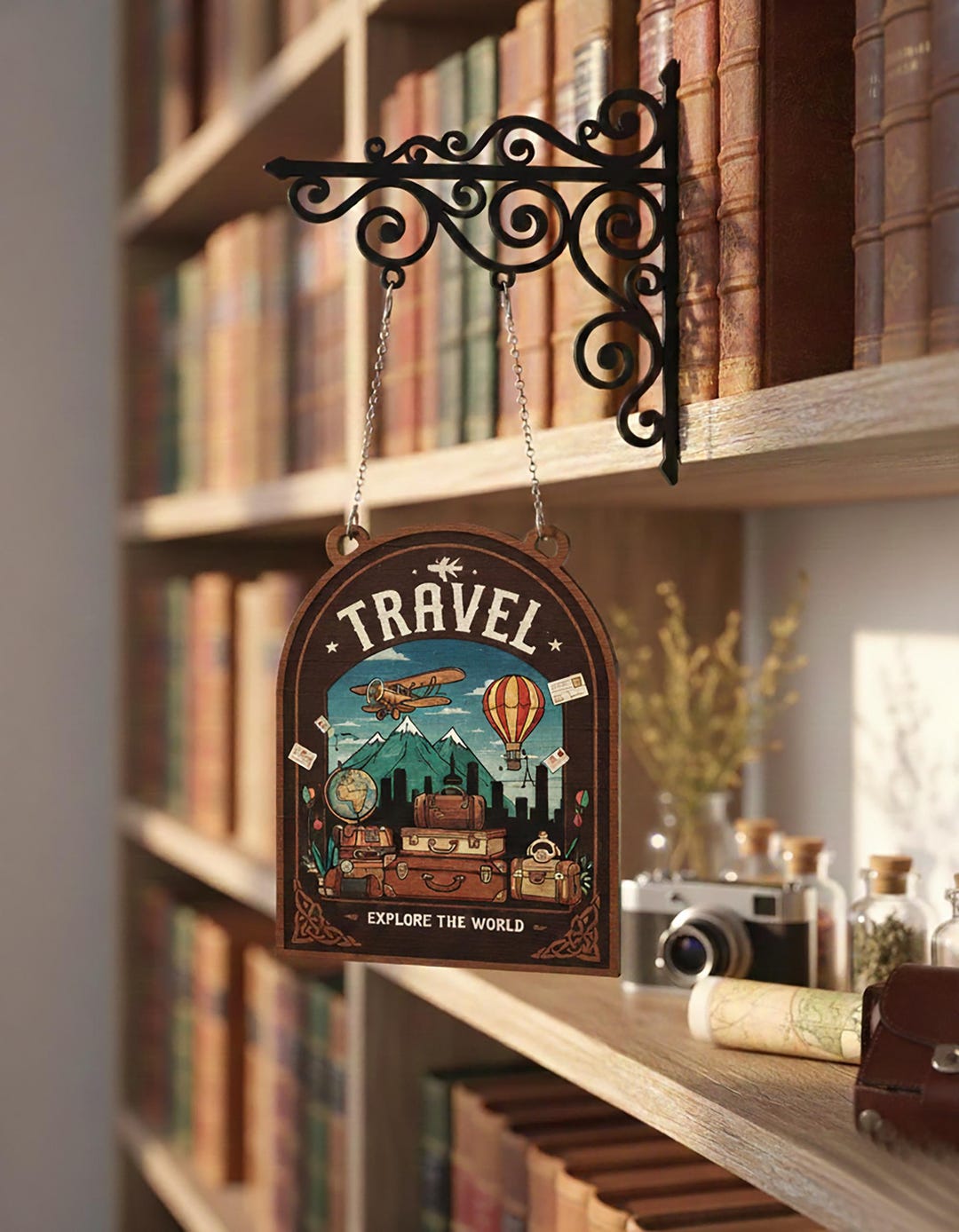 Travel Book Nook Sign Explore the World Wooden Bookshelf Sign Decor ...