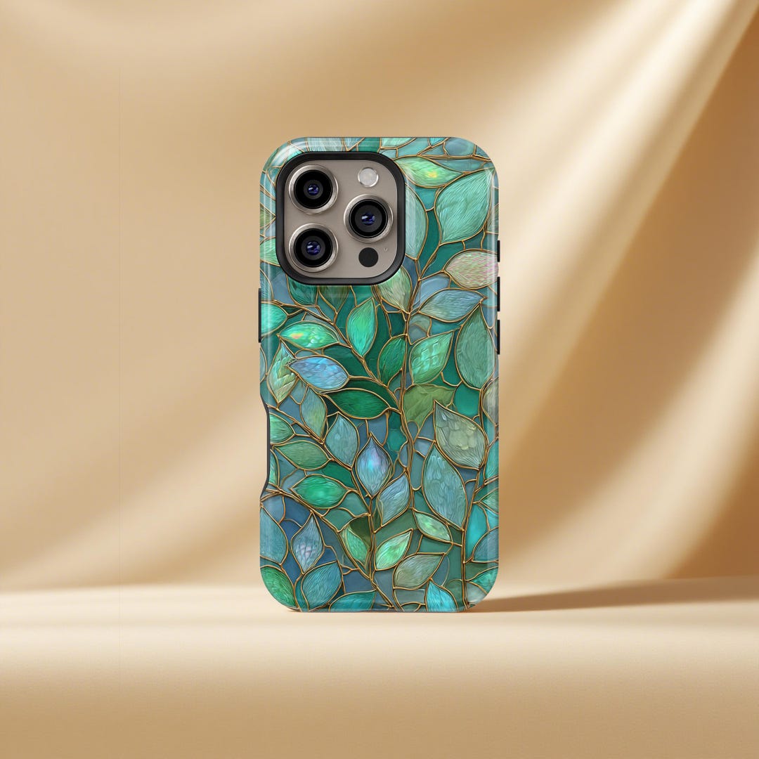 Green Gtained Glass Leaf Phone Case, iPhone 17 16 15 14 13 12 11 XS Pro ...