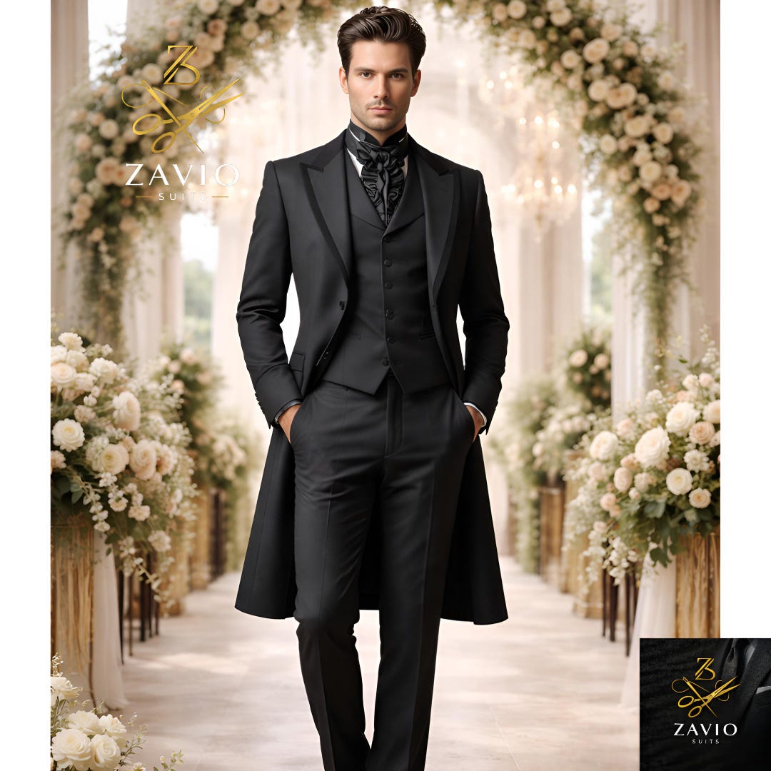 Black Victorian Tailcoat Mens 3 Piece Gothic Wedding Tuxedo Schwarzer ...
