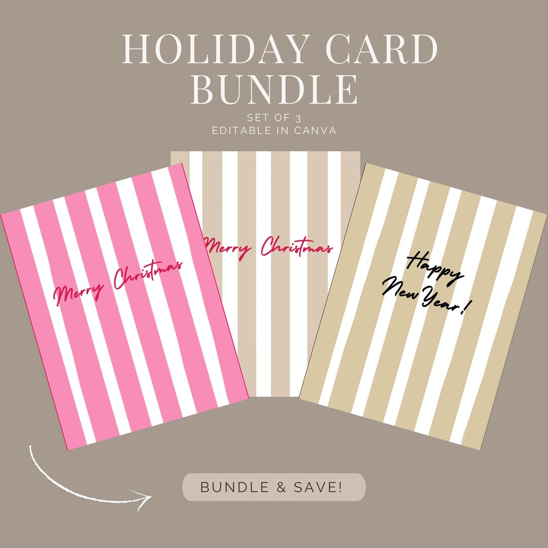 Striped Holiday Card Bundle | 3 Modern Printable Christmas & New Year ...