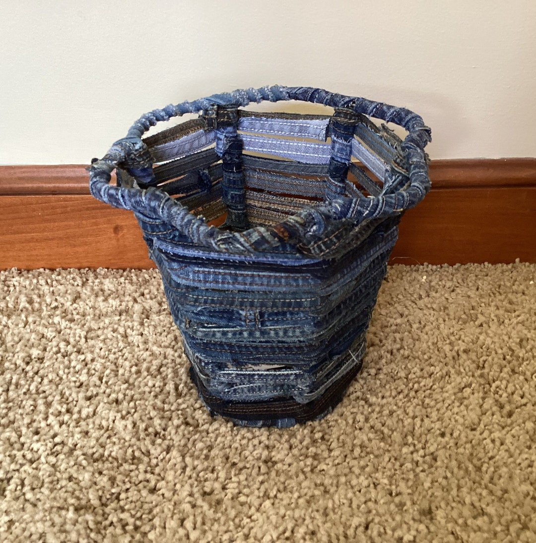 Woven Denim Basket, Handwoven Blue Jean Planter, Denim Trash Can - Etsy