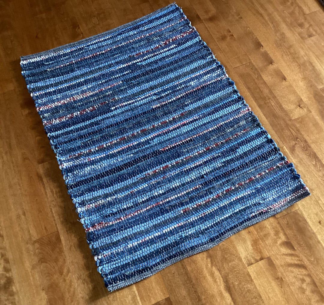 Handwoven Red White Blue Denim Rag Rug - 39x28 - Etsy