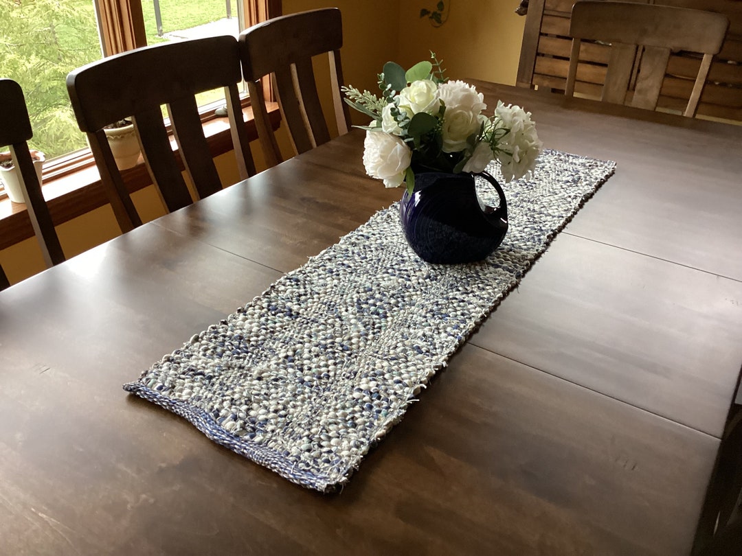 Woven Table Runner Blue White and Teal Table Runner 48x13.5 - Etsy