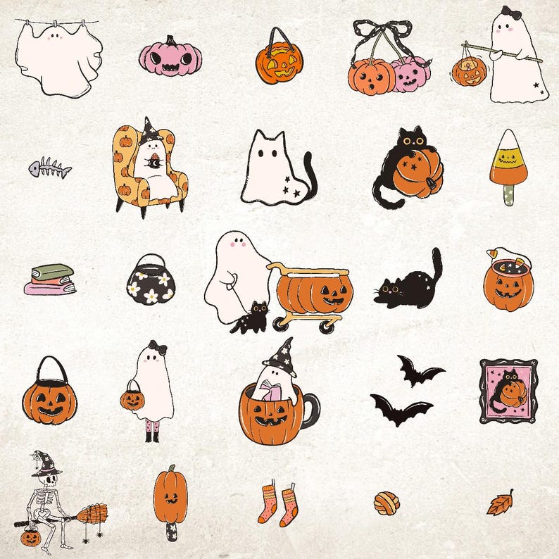 Kawaii Halloween PNG Bundle, Cute Ghost Cat Pumpkin Clipart, Spooky ...