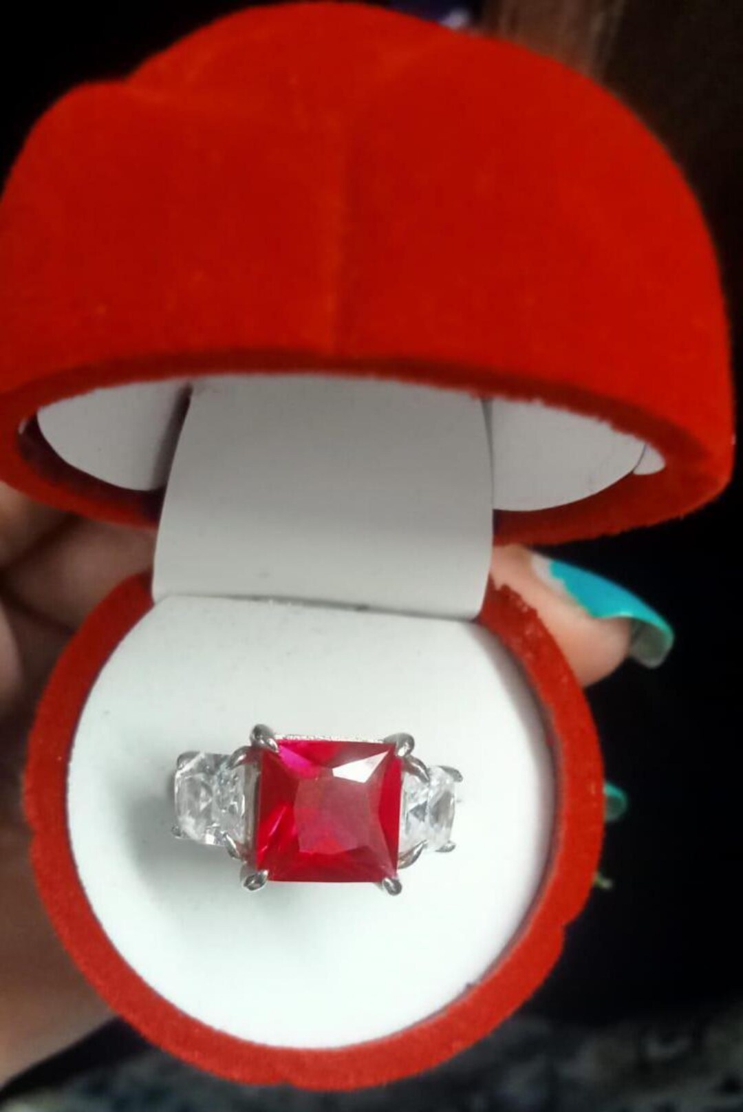 Princess Cut Ruby Engagement Ring Unique 14K White Gold Plated ...