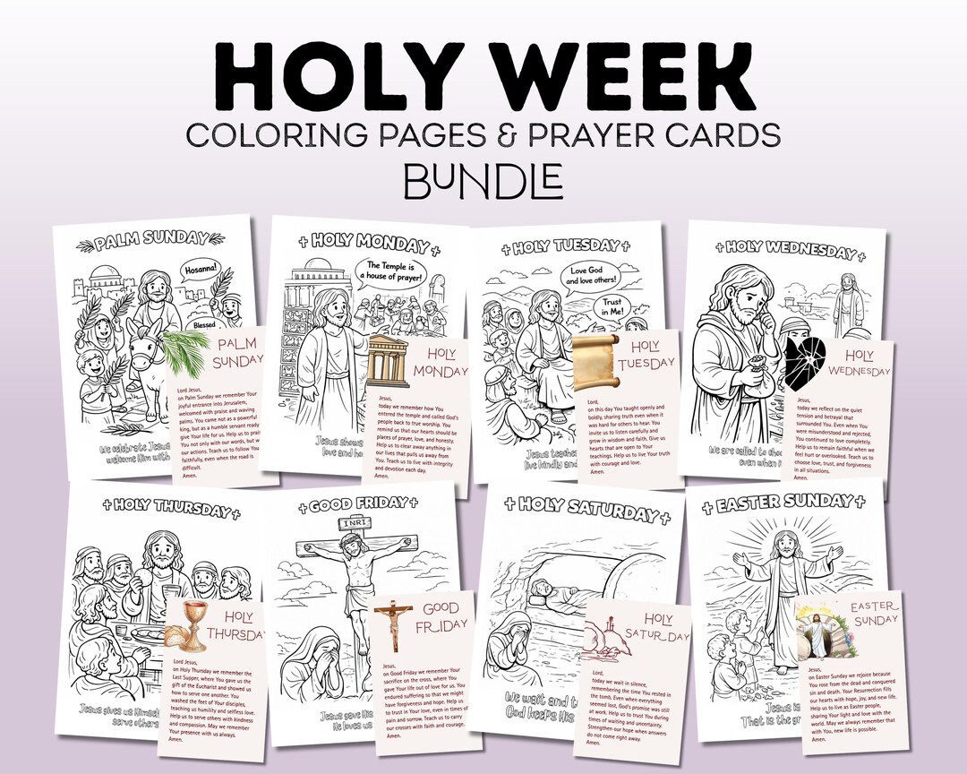 Holy Week Coloring Pages & Prayer Cards Bundle | Easter Activities for ...