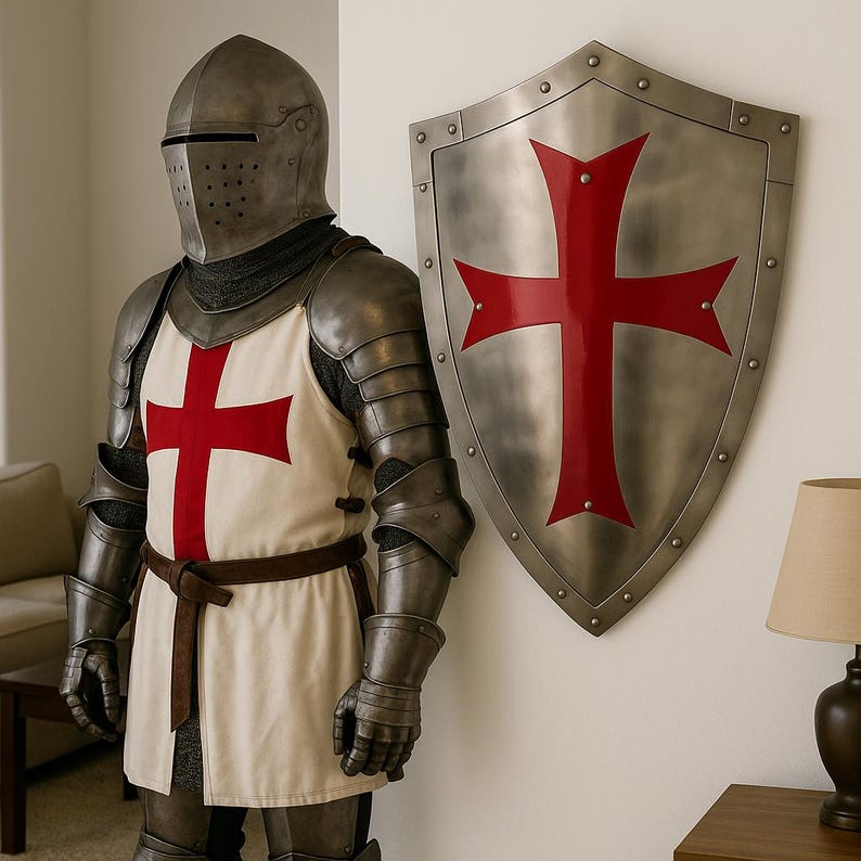 Templar Knight Shield, Red Cross Medieval Heater Shield - 28'' Steel ...