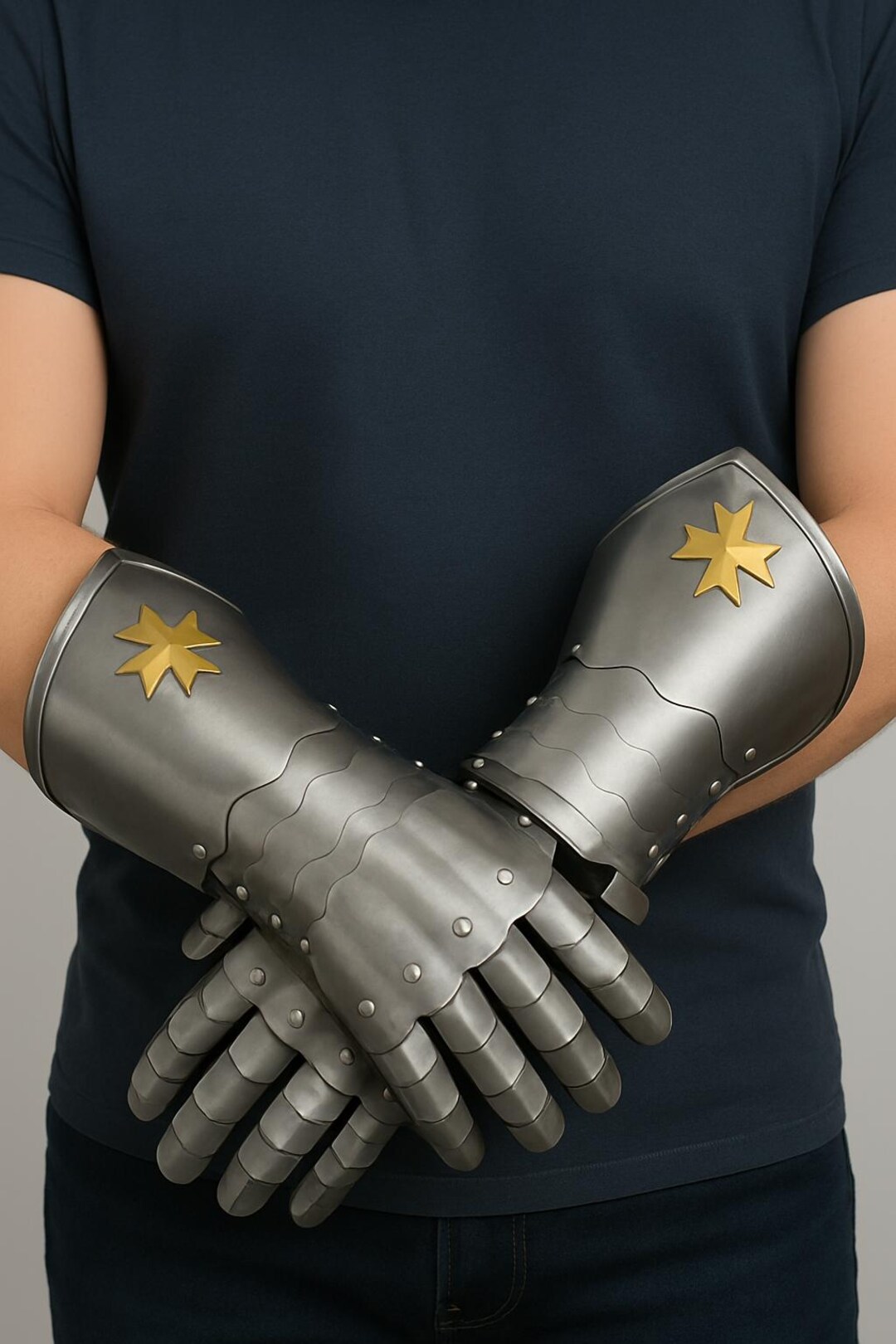 Medieval Steel Gauntlets: Brass Cross Crusader Armor, LARP Cosplay - Etsy