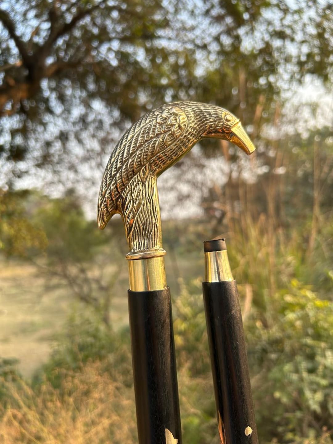 Brass Raven Head Walking Cane – Hand-carved Wooden Stick, Vintage Style ...