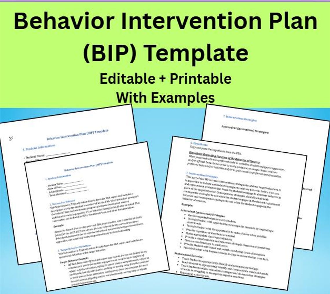 Behavior Intervention Plan (BIP) Template | Editable + Printable | With ...