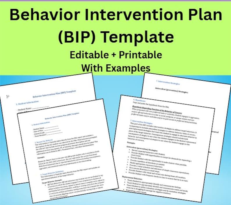 Behavior Intervention Plan (BIP) Template | Editable + Printable | With ...