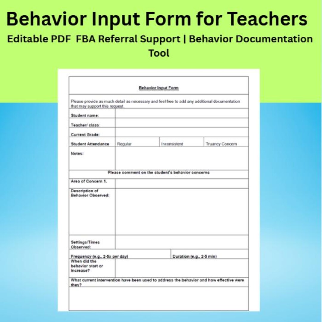 Behavior Input Form for Teachers | Editable PDF | FBA Referral Support ...