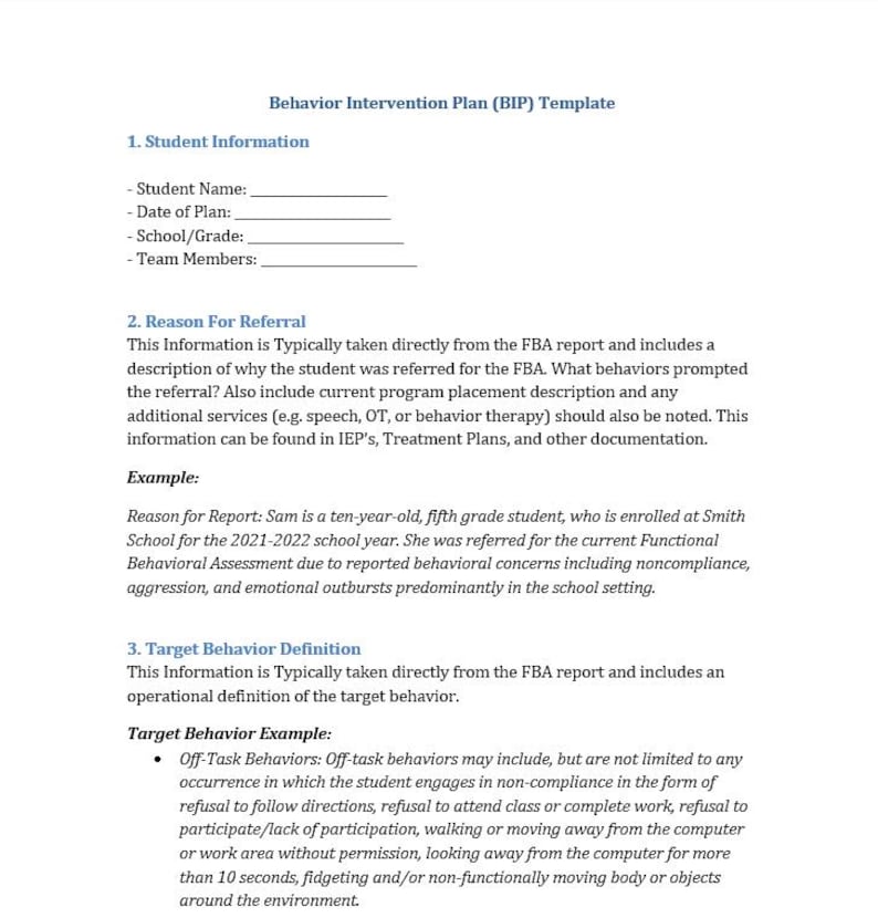 Behavior Intervention Plan (BIP) Template | Editable + Printable | With ...