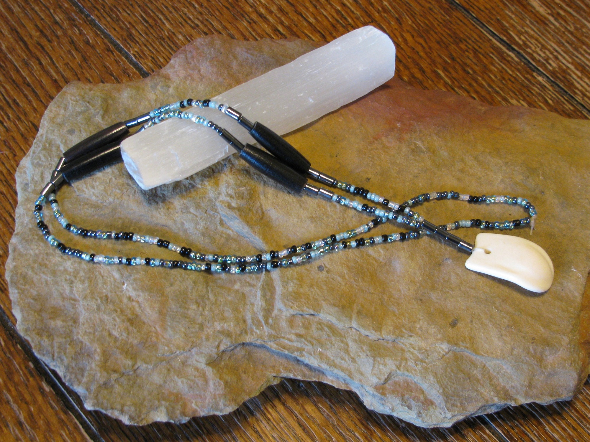Faux Elk Tooth Necklace: Hematite, Bone, and Glass Bead Totem Jewelry ...