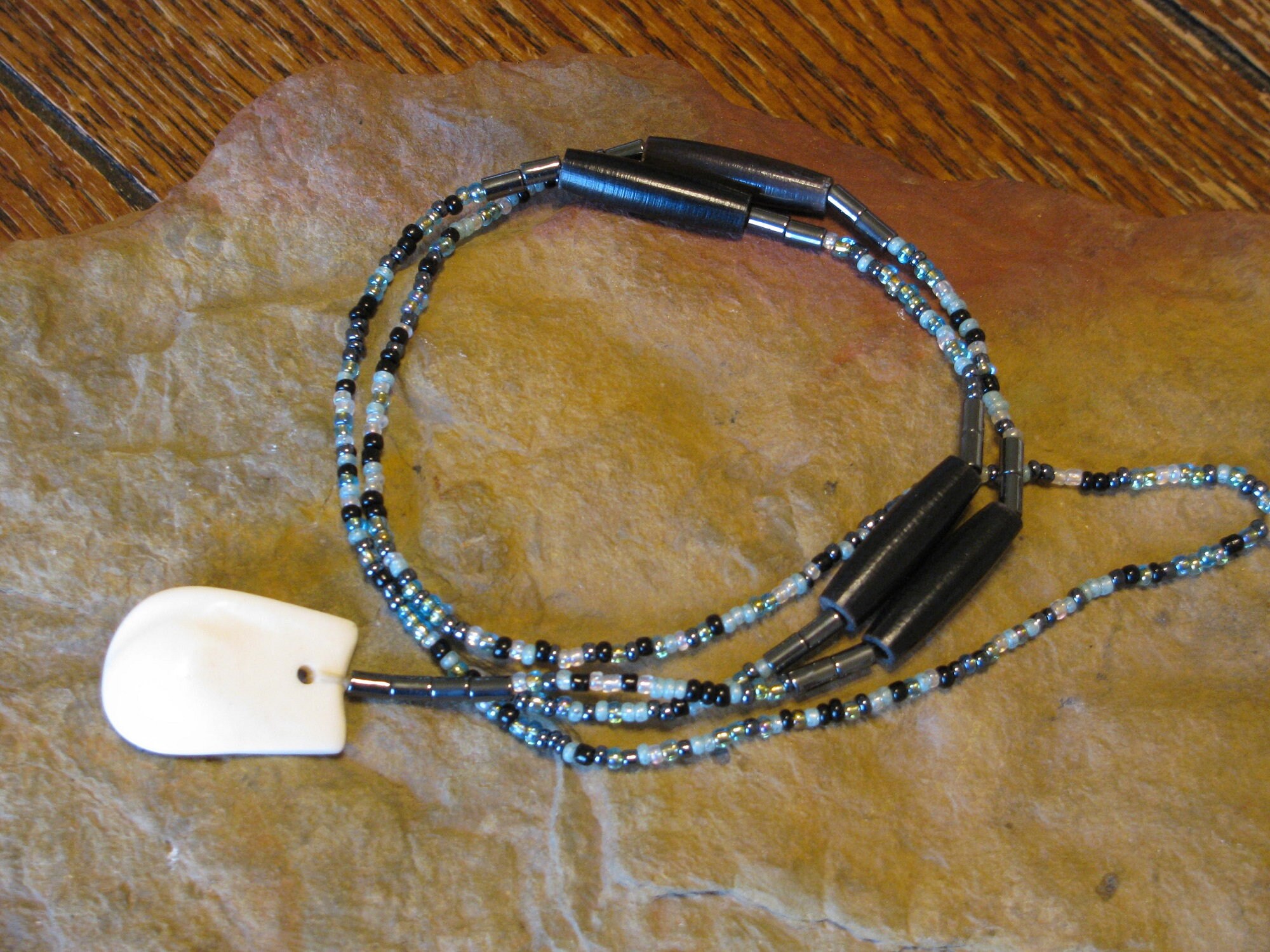 Faux Elk Tooth Necklace: Hematite, Bone, and Glass Bead Totem Jewelry ...