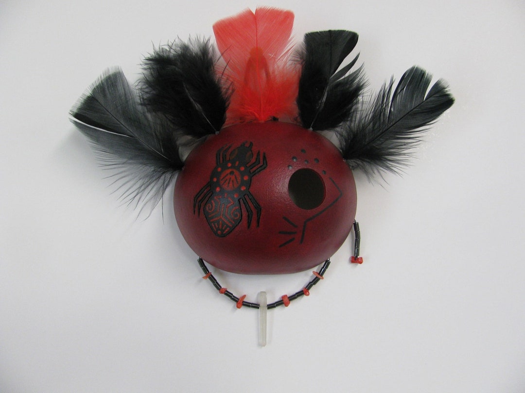 Spider Art, Gourd Mask, Quartz Crystal, Red Coral Chips. Hematite Tube ...