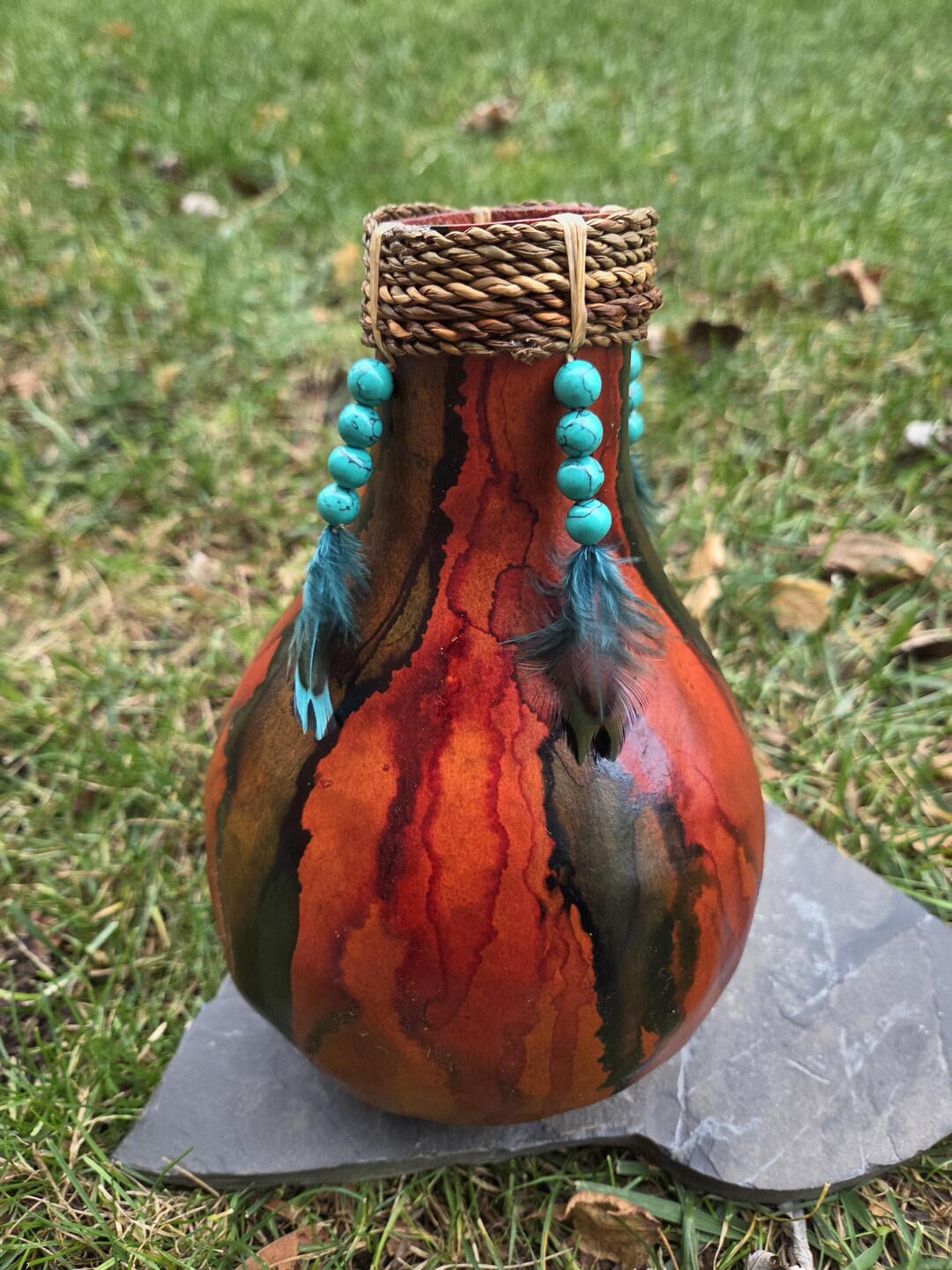 Handmade Gourd Art Vessel: Seagrass, Synthetic Howlite & Pheasant ...