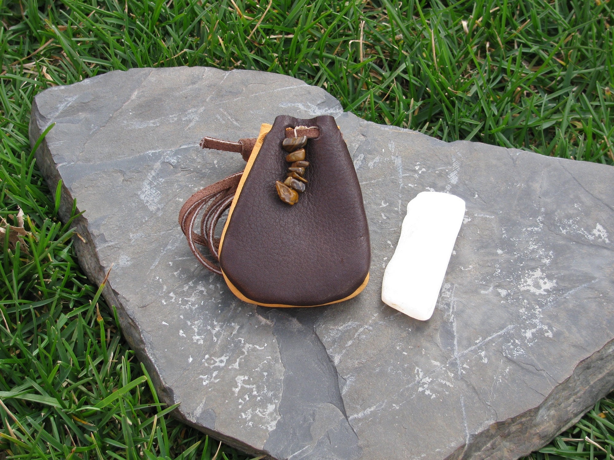 Medicine Bag, Leather Pouch, Drawstring Bag, Gold Brown Leather ...