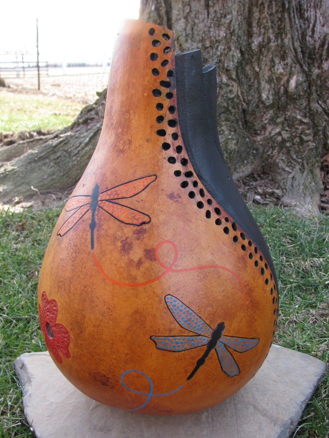 Handcarved Dragonfly Gourd Vessel: Pyrography Art - Etsy