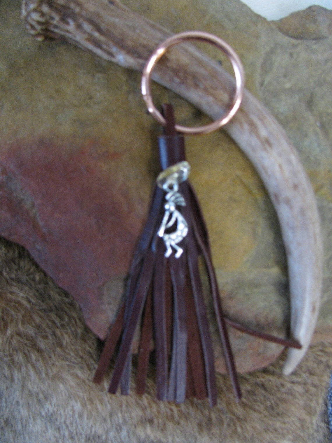 Leather Fringe Keychain Kokopelli Charm Quartz Stone Purse | Etsy